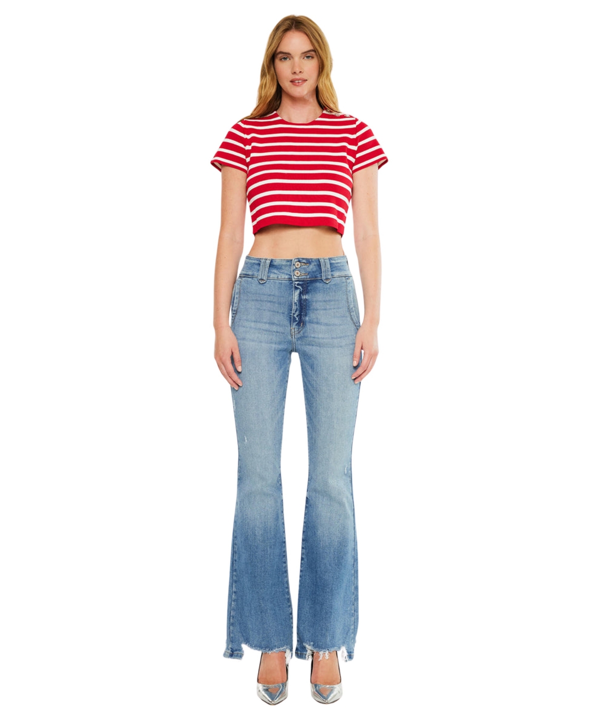 Click here for KanCan Womens Giselle High Rise Distressed Flare J... prices
