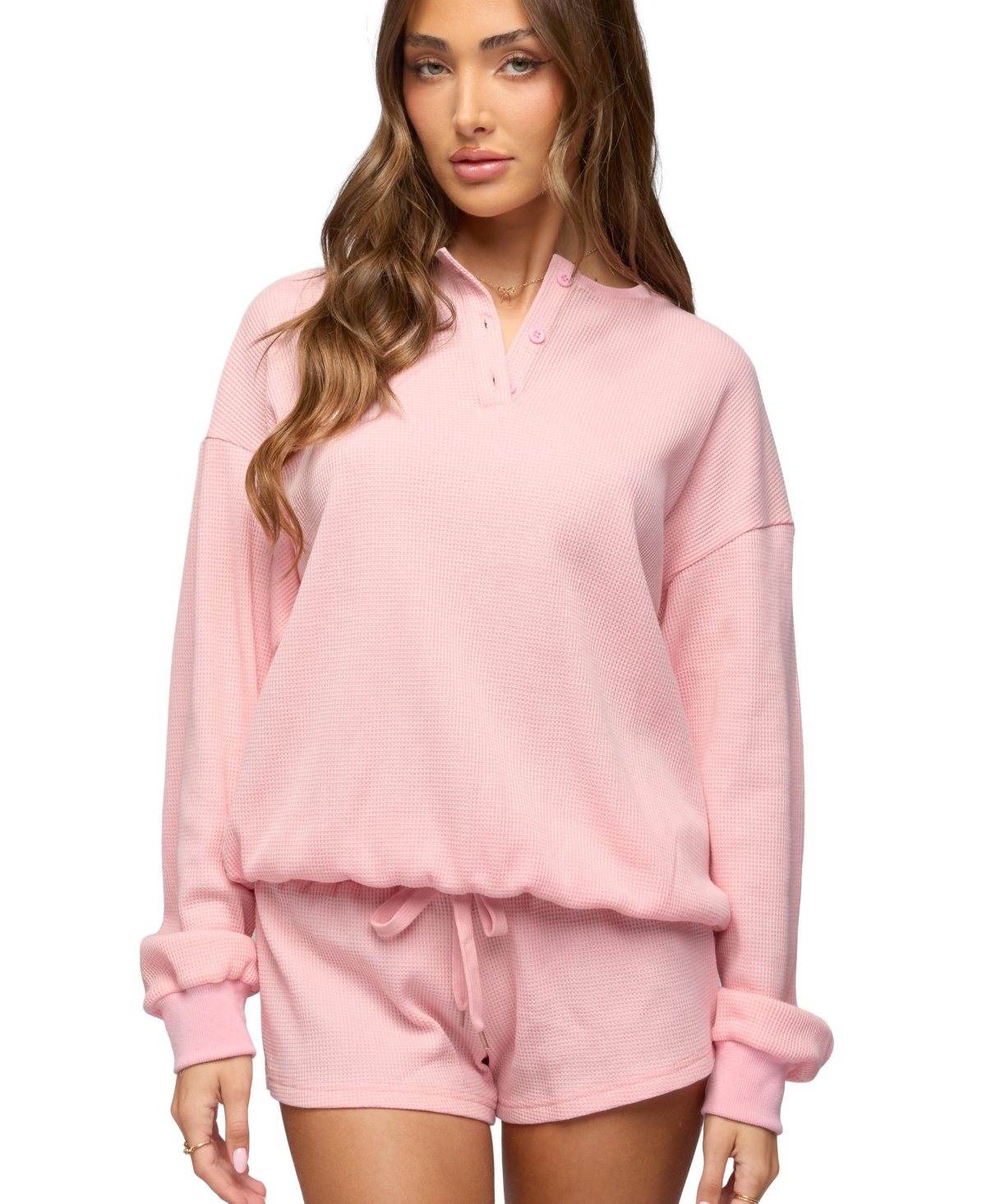Click here for Edikted Womens Baila Waffle Henley Top - Pink prices