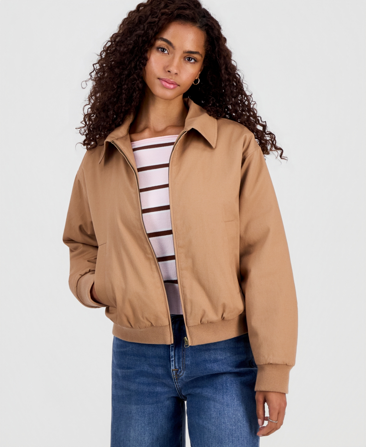 Click here for Hippie Rose Juniors Twill Bomber Jacket - Camel Ta... prices