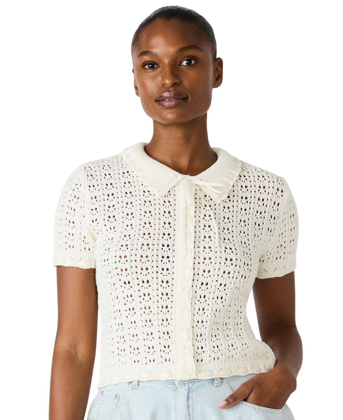Click here for Steve Madden Womens Pointelle Ruffle Collared Card... prices