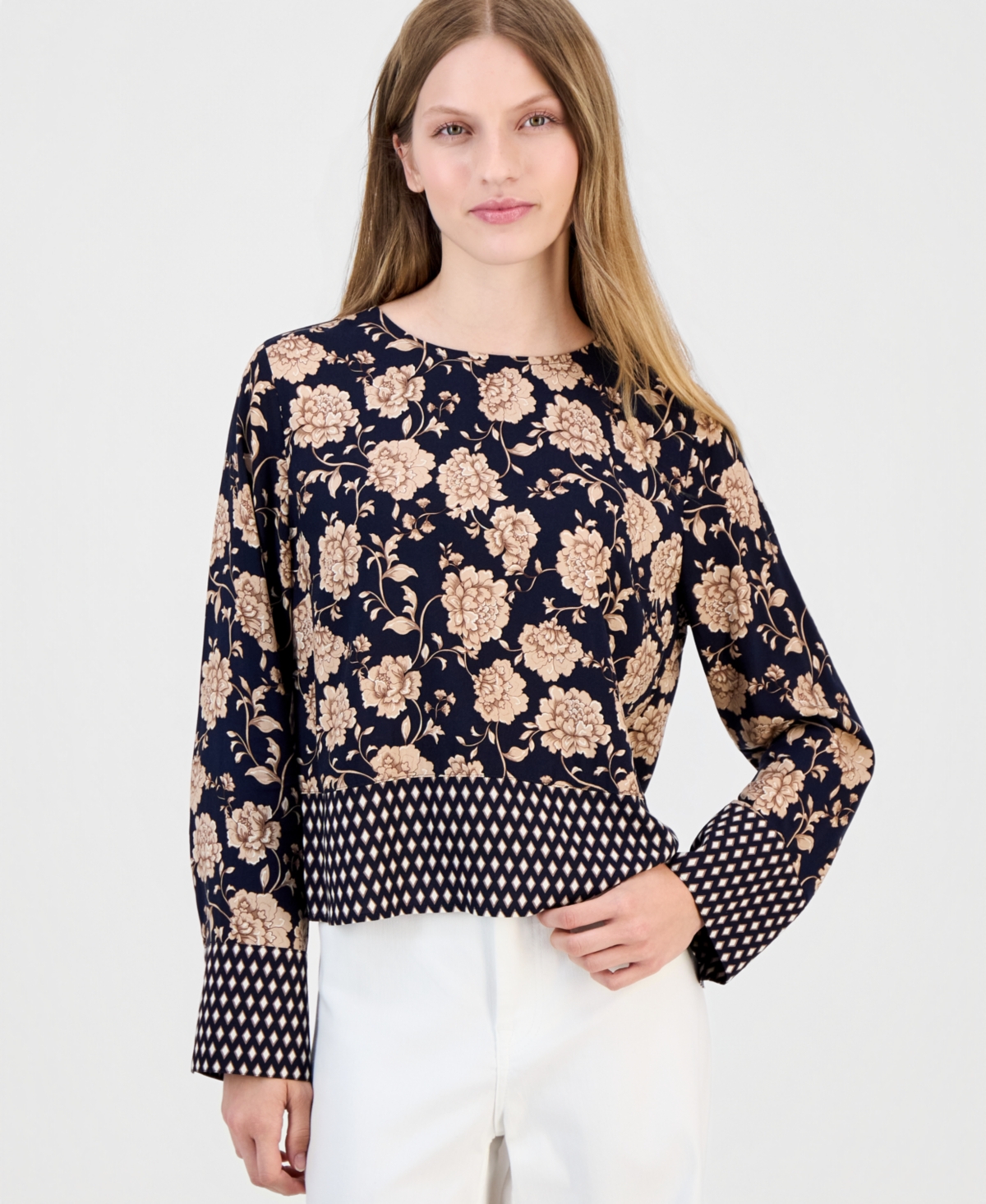 Click here for Nautica Womens Long-Sleeve Border-Print Blouse - N... prices