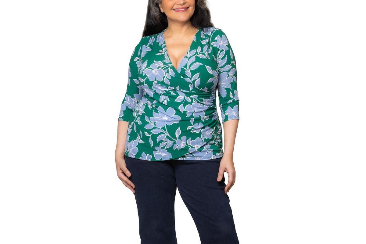 Click here for Kiyonna Plus Size Femme Fatale Faux Wrap Top - Gre... prices