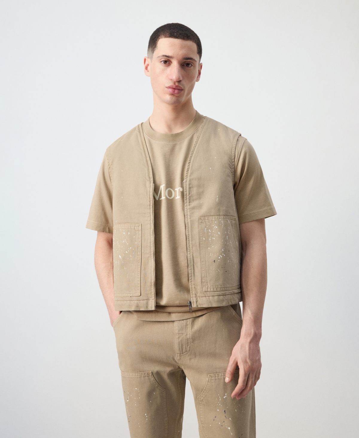 Click here for Mango Mens Splatter Effect Denim Vest - Beige prices