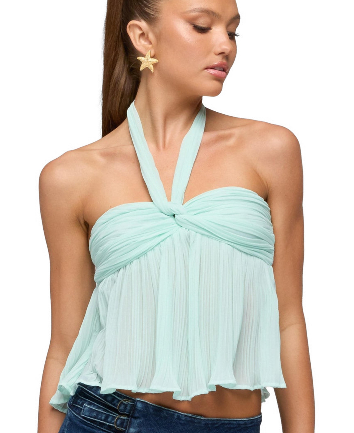 Click here for Edikted Womens Pleated Chiffon Babydoll Halter Top... prices