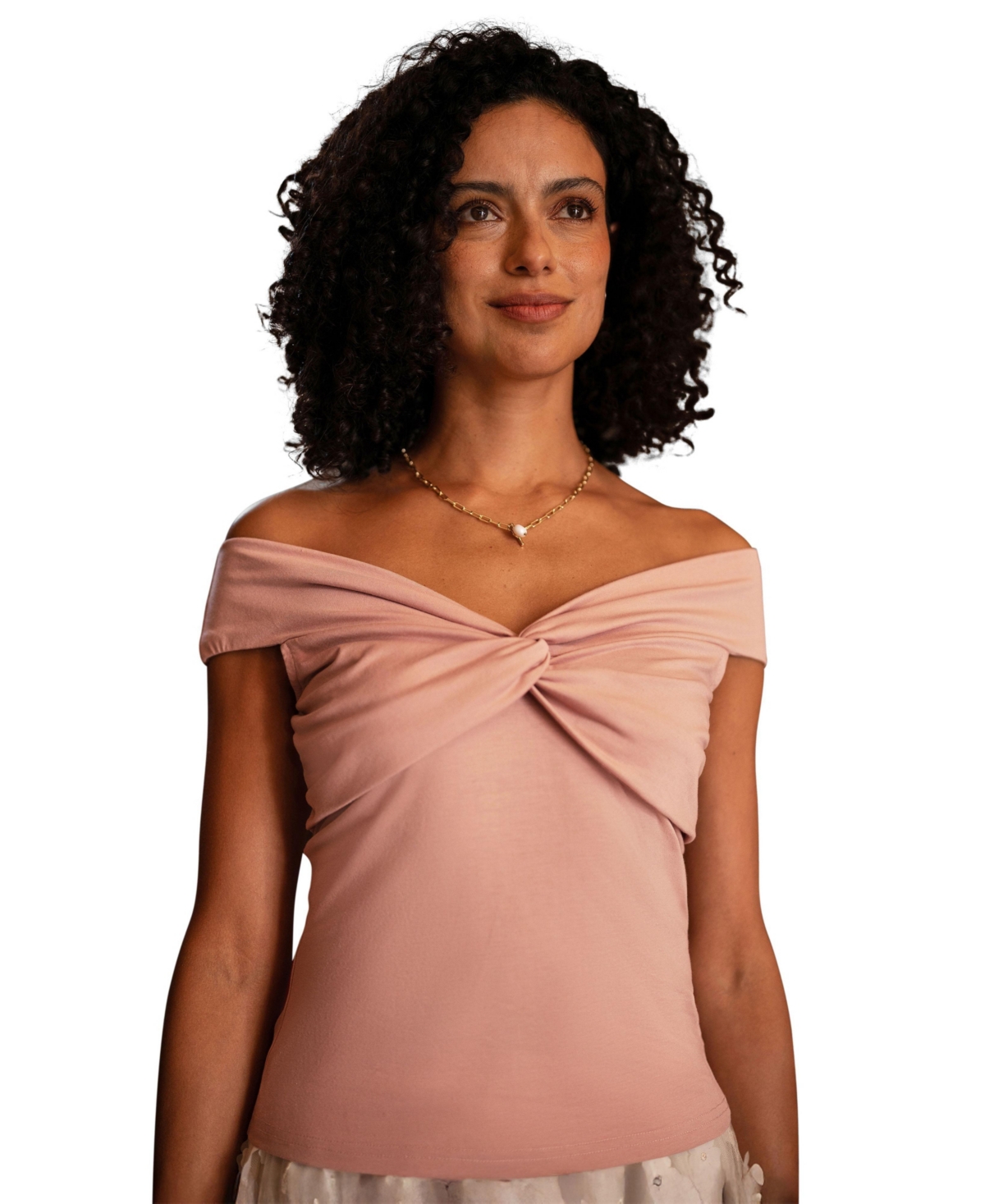 Click here for Yumi Womens Knot Detail Bardot Top - Blush prices