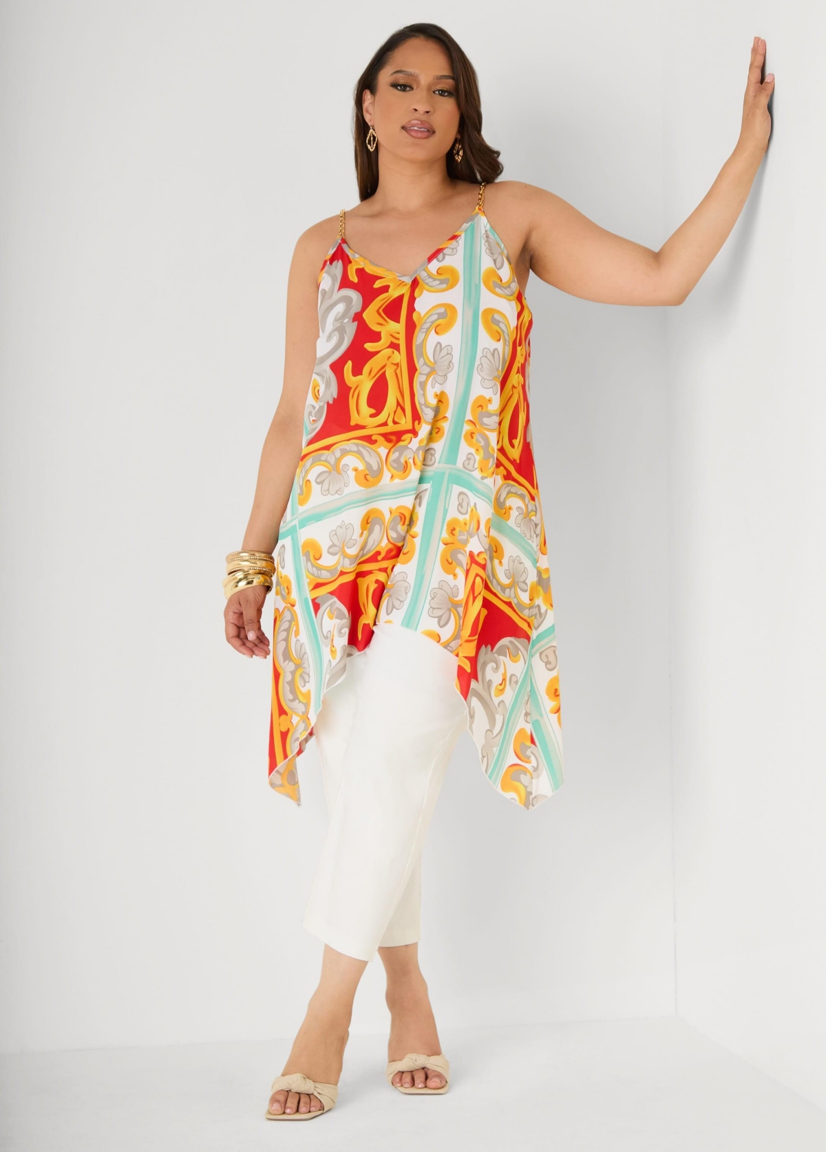 Click here for Ashley Stewart Womens Printed Chain Trimmed Top prices