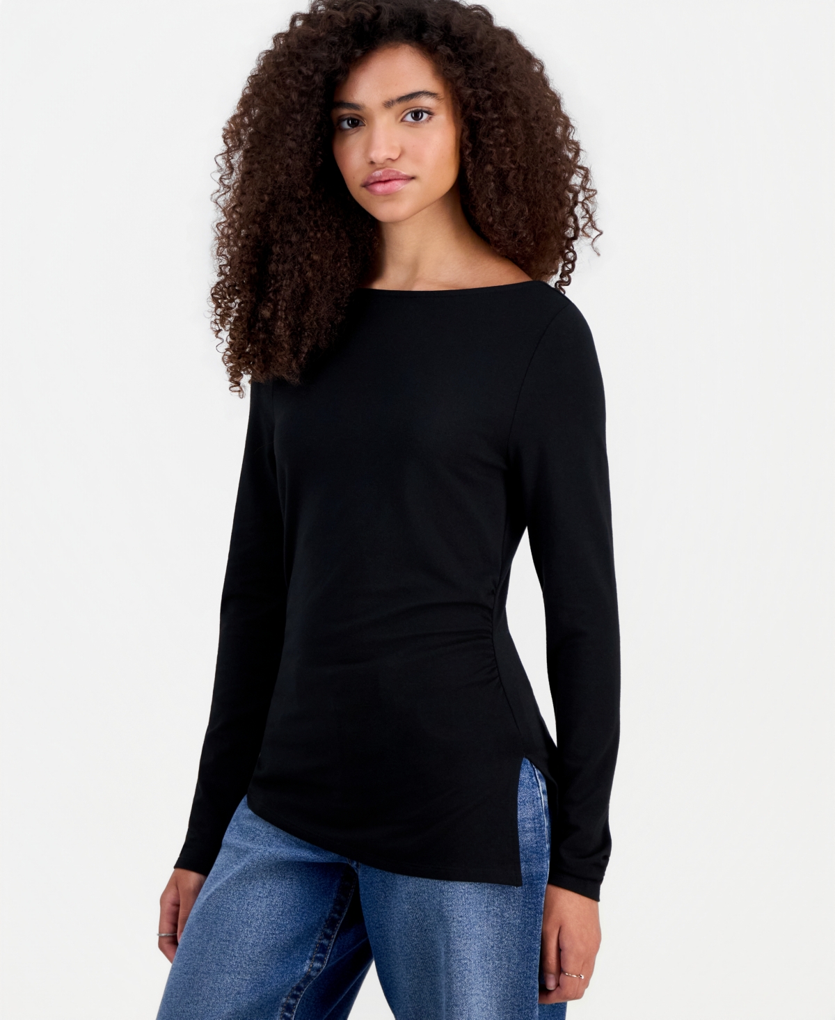 Click here for Madden Girl Juniors Ruched Boat Neck Long Sleeve T... prices