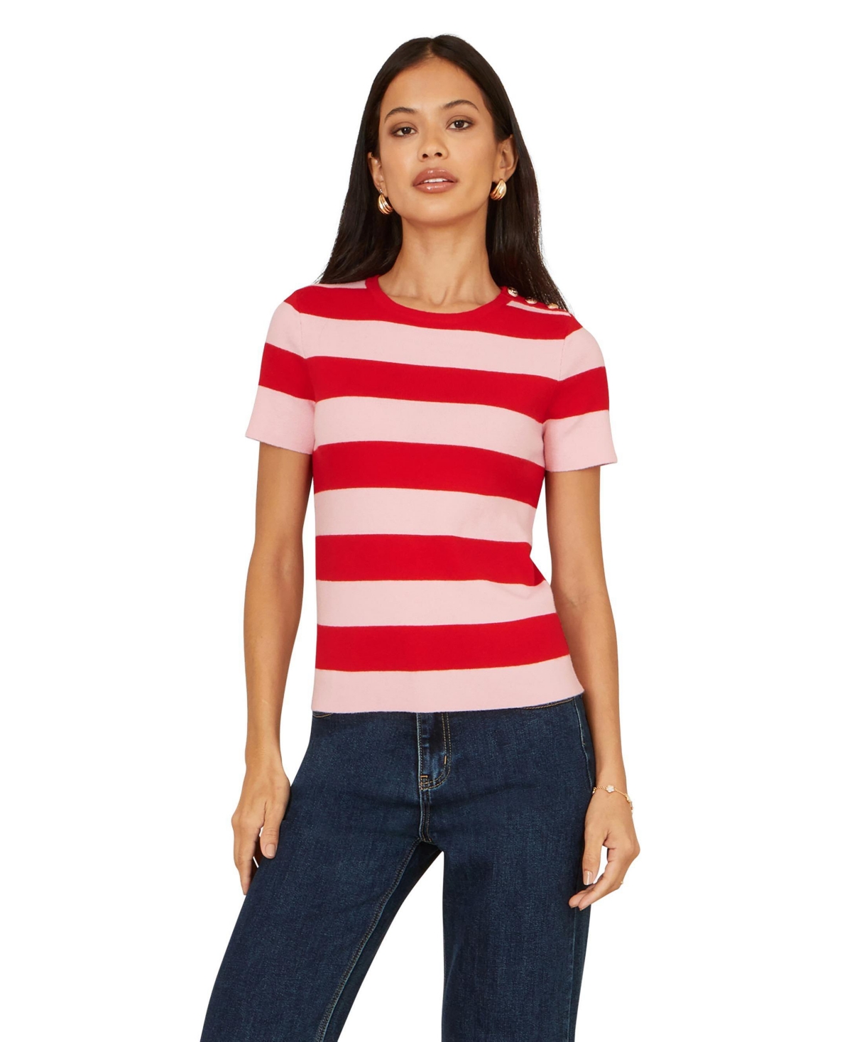 Click here for Yumi Womens Block Stripe Knitted Top - Red prices