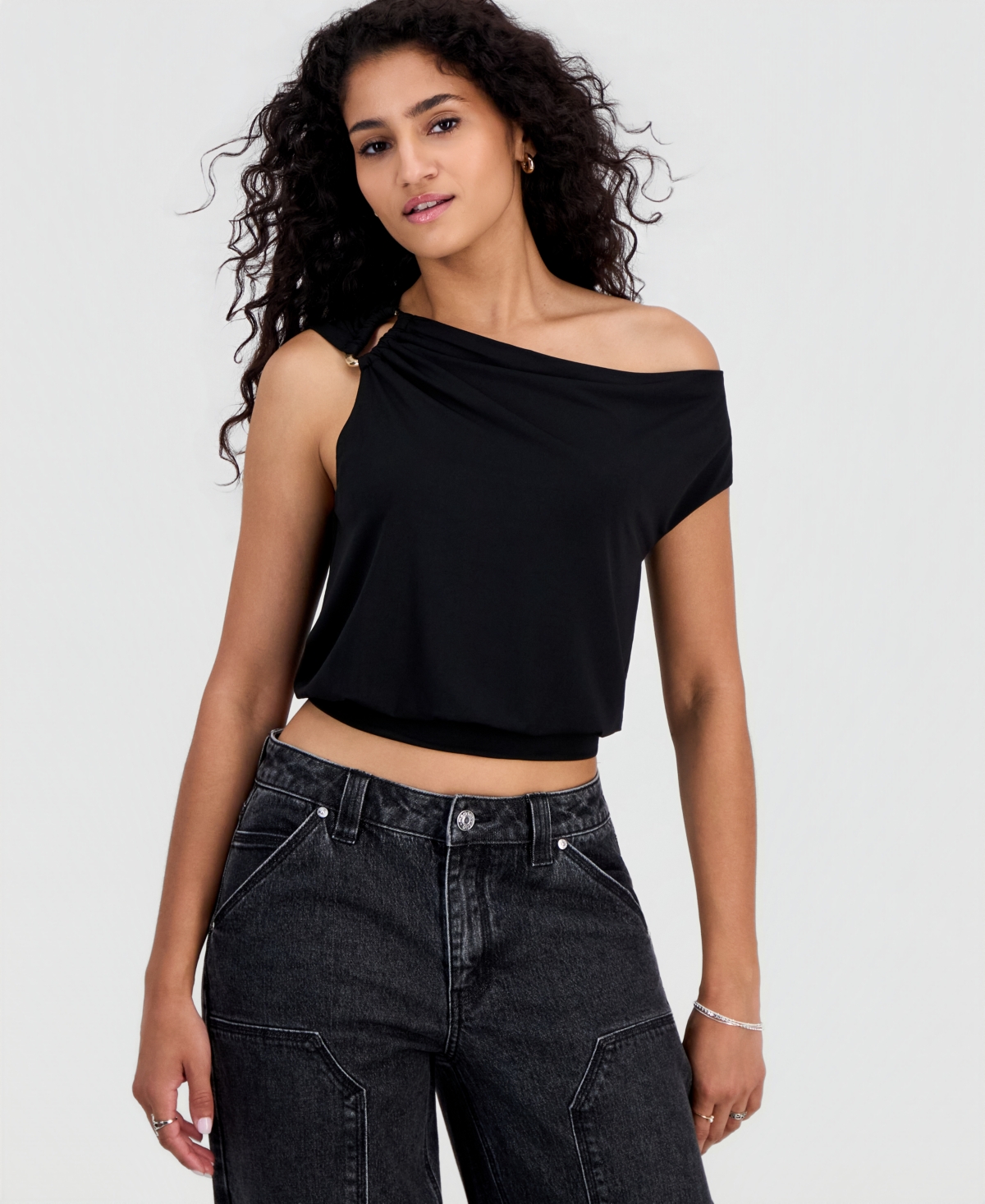 Click here for Just Polly Juniors Asymmetrical Cropped Top - Blac... prices