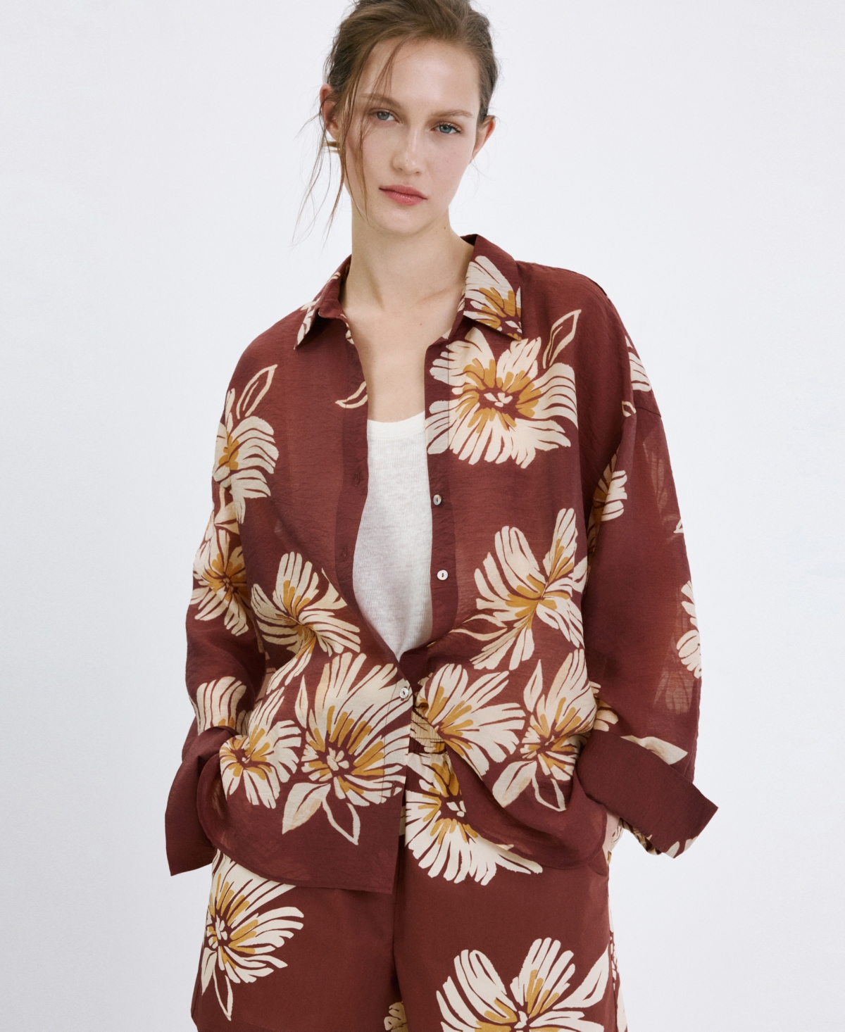 Click here for Mango Womens Printed Lyocell Shirt - Burgundy prices