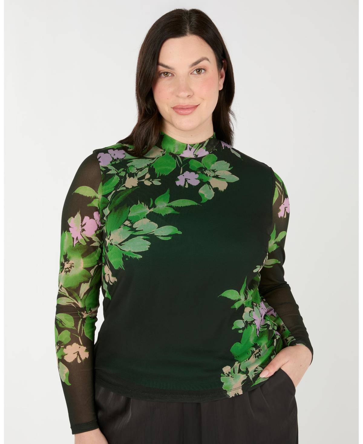 Click here for Estelle Womens Fiora Floral Sheer Long Sleeve Mock... prices