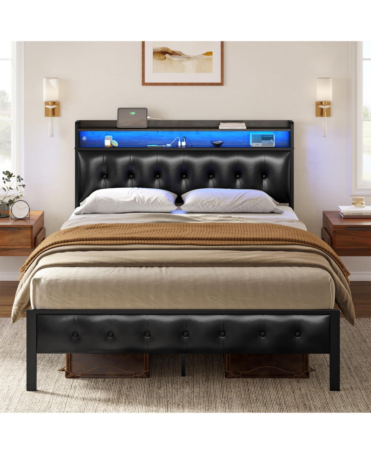 Click here for Hausource Full Size Bed Frame with Storage Headboa... prices