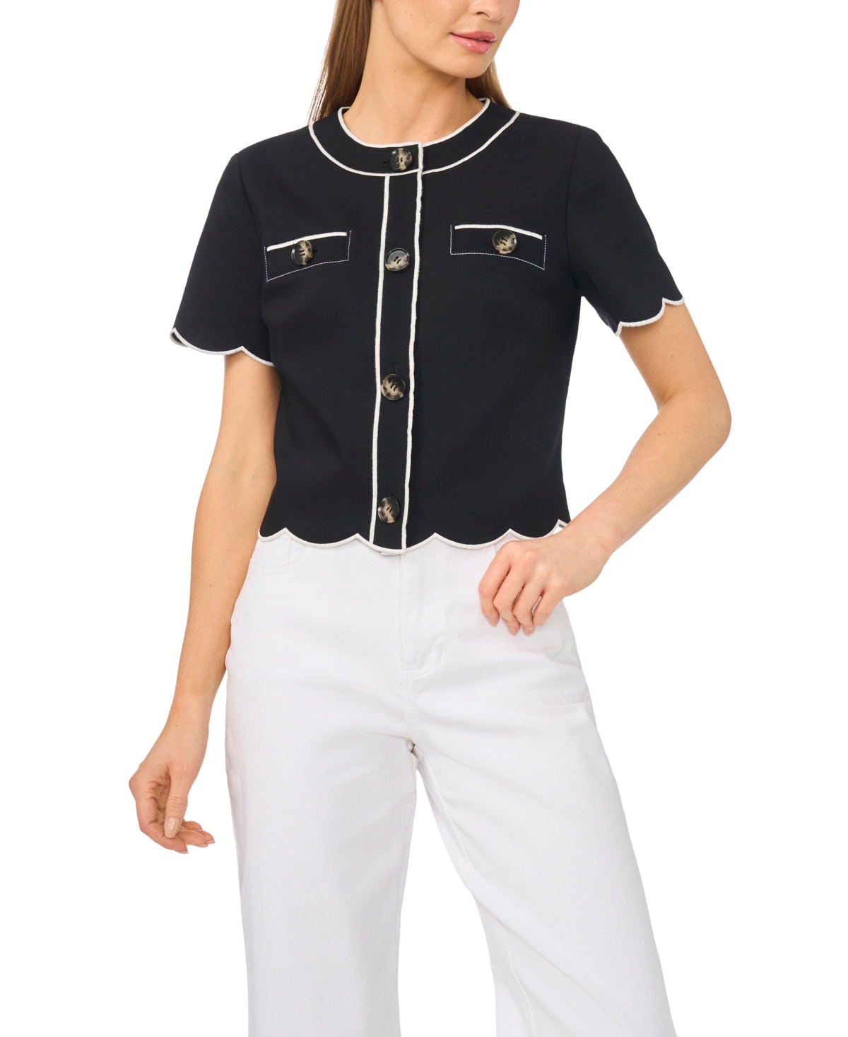 Click here for CeCe Womens Short-Sleeve Contrast Scallop Jacket -... prices