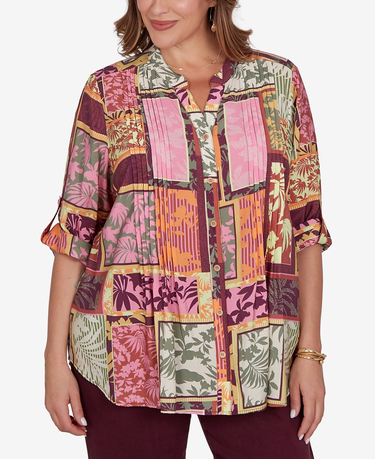 Click here for Ruby Rd. Plus Size Tropical Patchwork Voile Button... prices