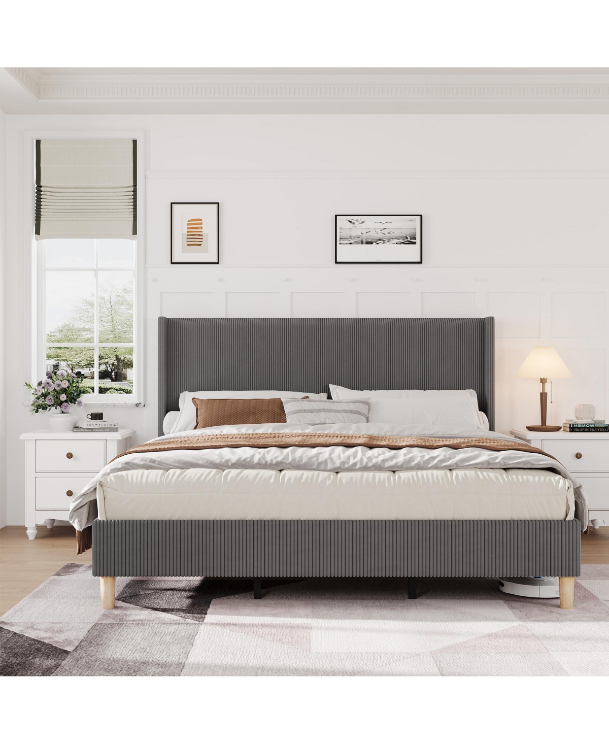 Click here for homfan Bed Frame with Tall Headboard  Corduroy Uph... prices