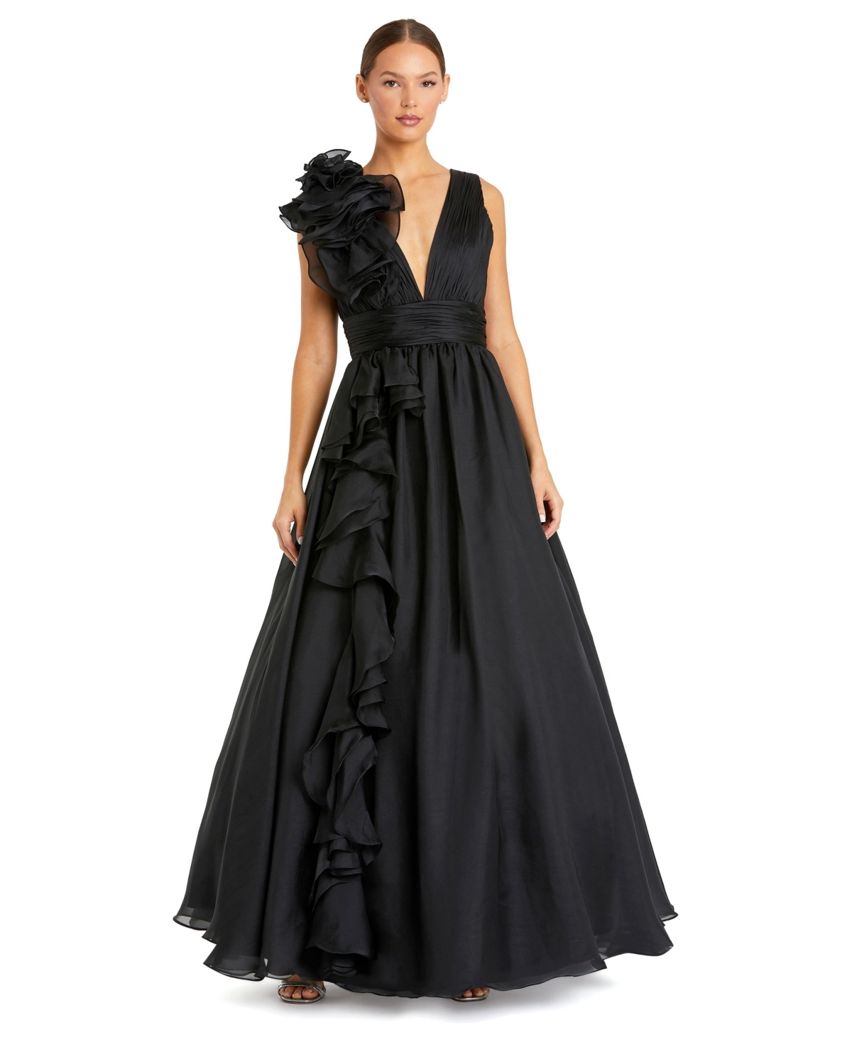 Click here for Mac Duggal Petite Ruffle Shoulder V-Neck A-Line Ev... prices