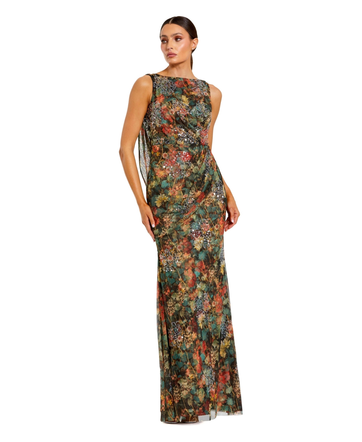 Click here for Mac Duggal Womens High Neck Printed Mesh Cowl Back... prices