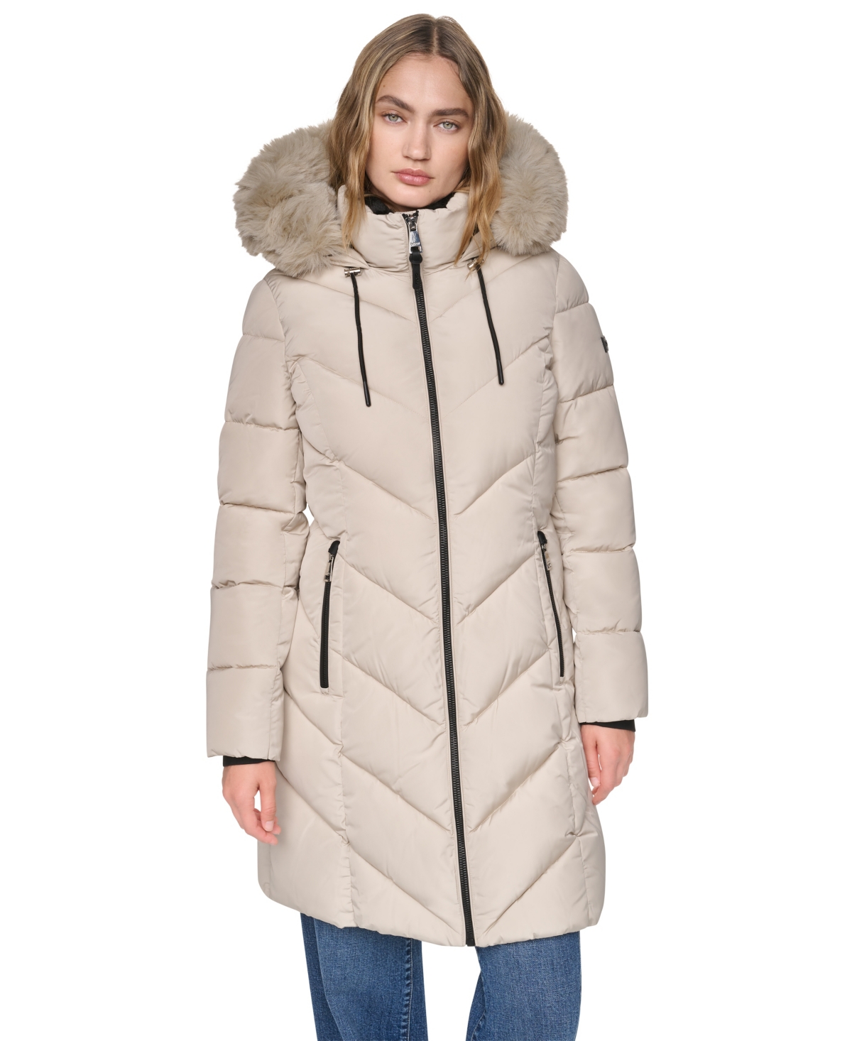 Click here for Dkny Womens Walker Length Puffer with Faux Fur Tri... prices