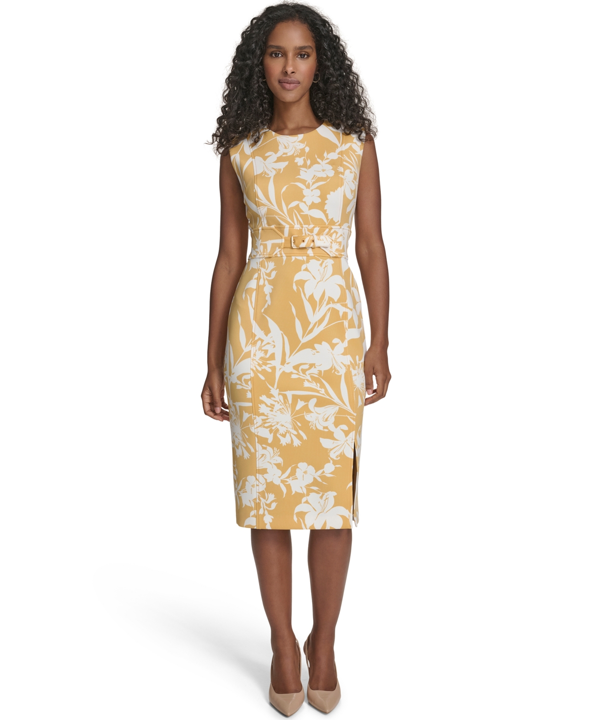 Click here for Calvin Klein Womens Printed Crewneck Belted Dress... prices