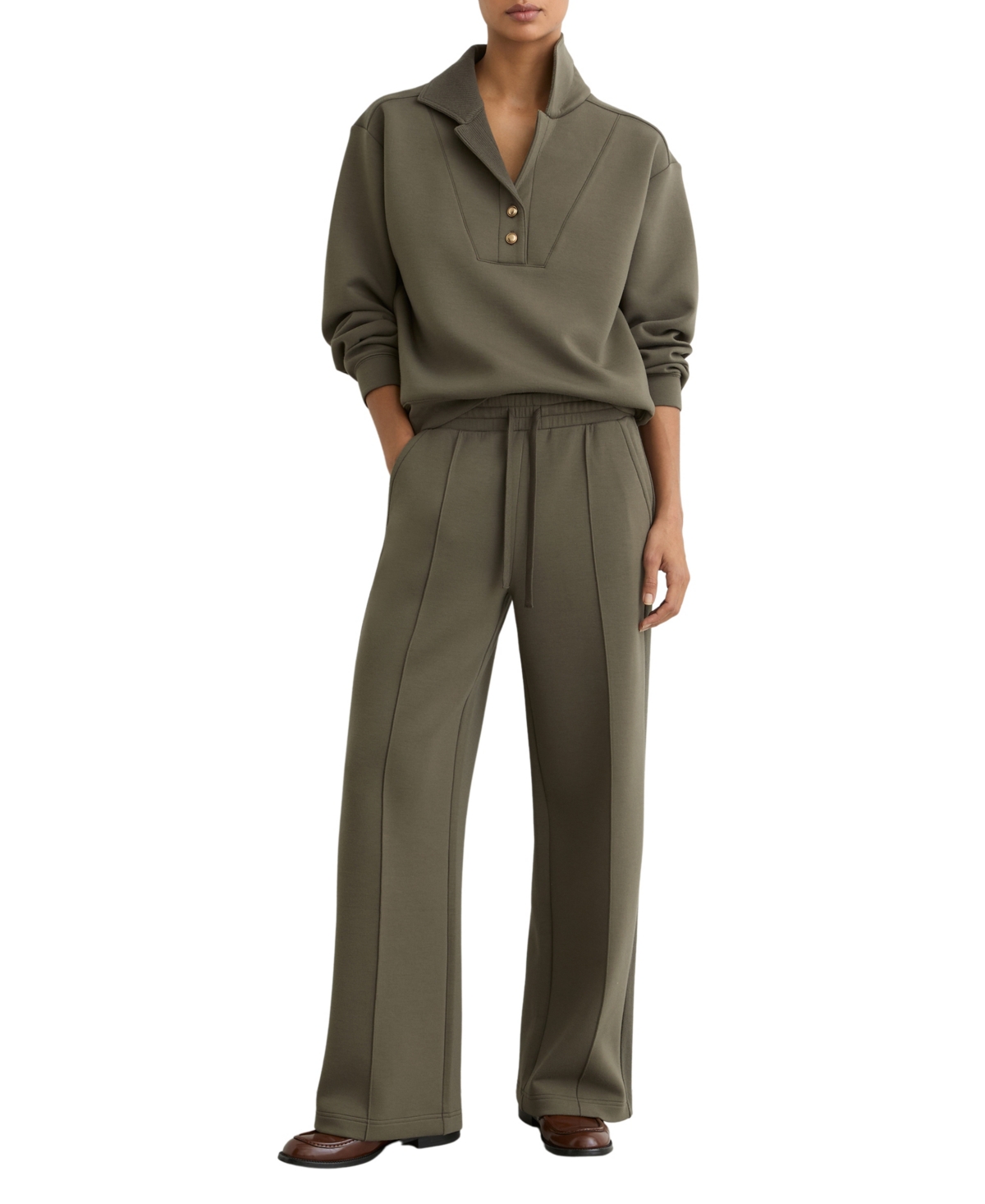 Click here for Reiss Womens Bella Button Sweat - Khaki Gree prices