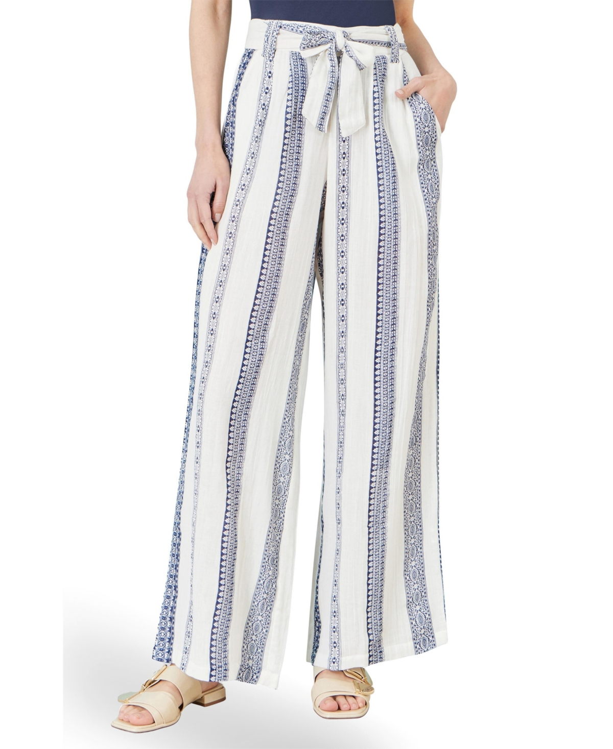 Click here for Yumi Womens Tie Belt Linen Mix Cropped Trousers -... prices