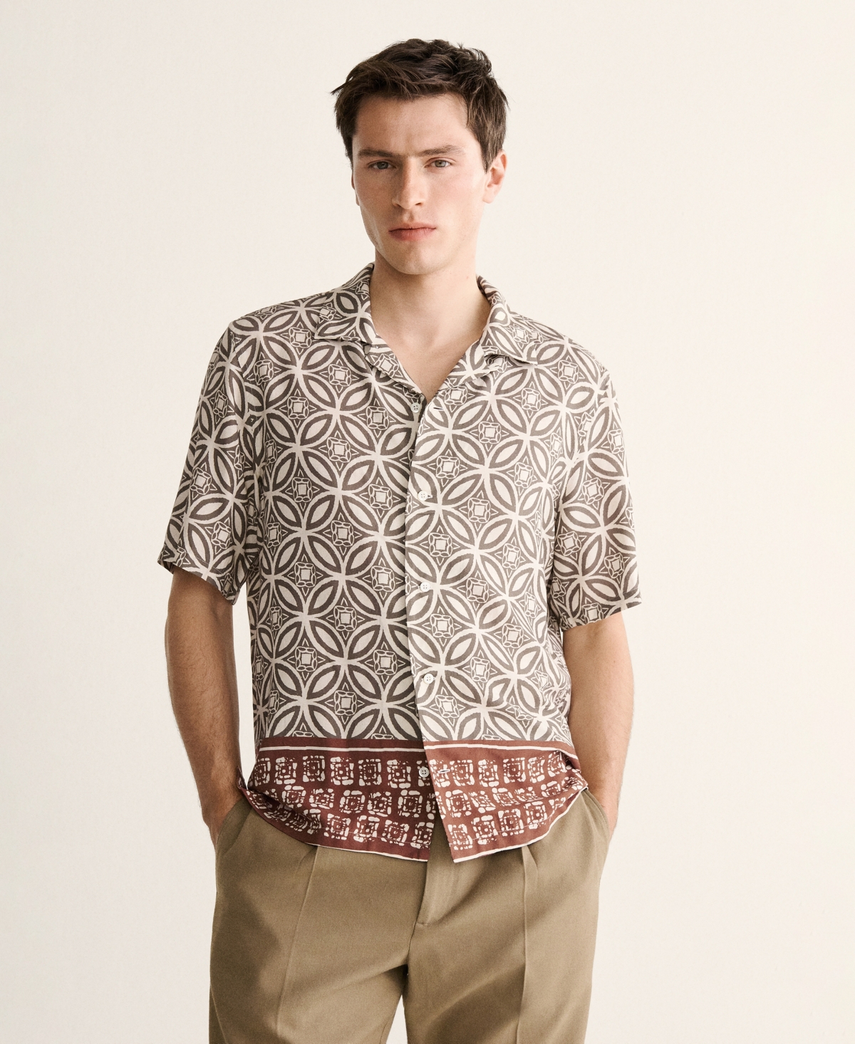 Click here for Mango Mens Printed Bowling Shirt - Khaki prices