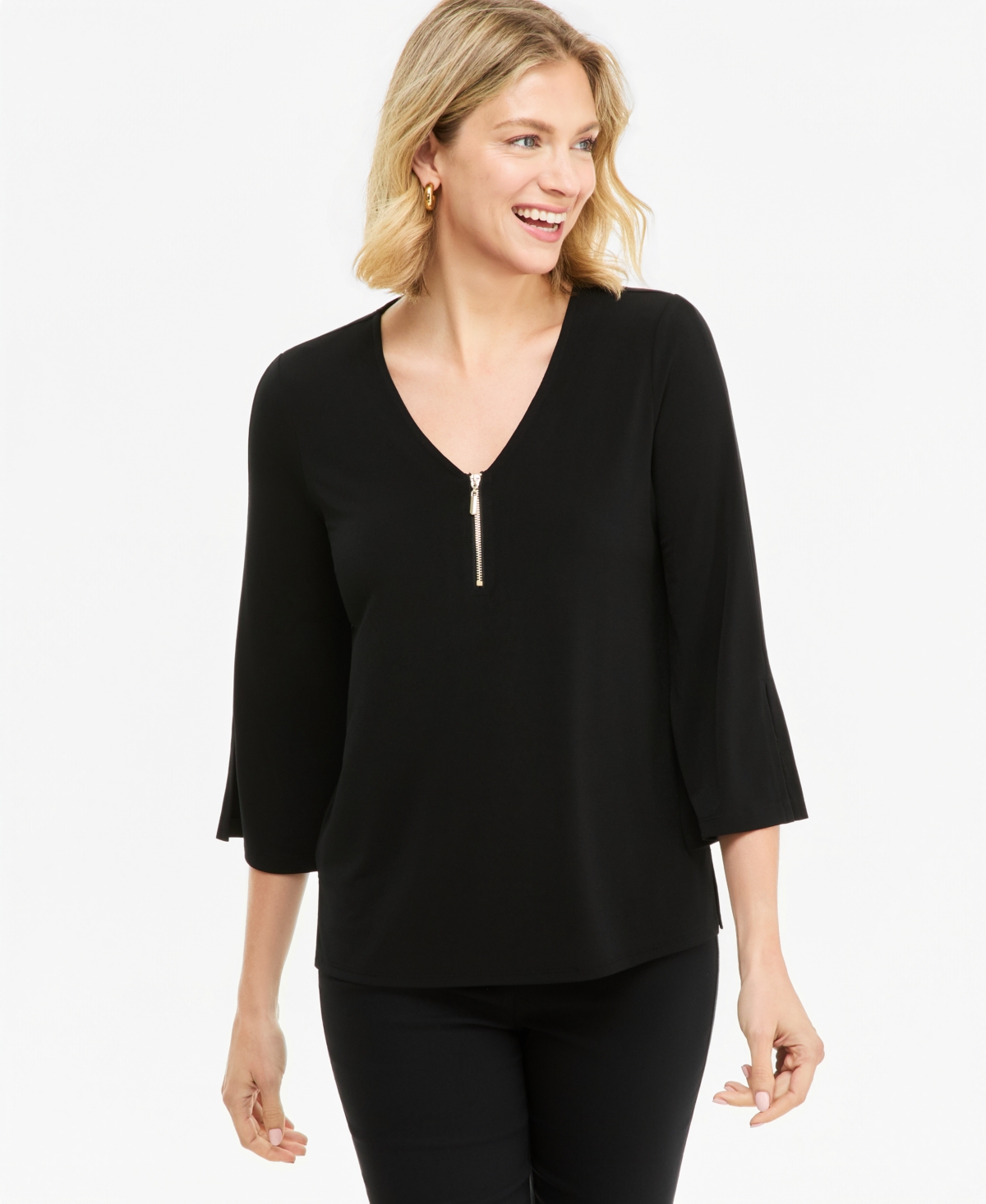 Click here for Jm Collection Womens V-Neck Zip-Front 3/4-Sleeve T... prices