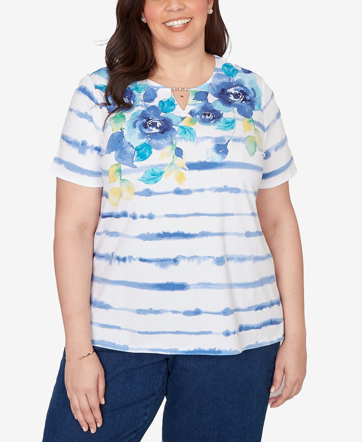 Click here for Alfred Dunner Plus Size Striped Floral Split Neck... prices