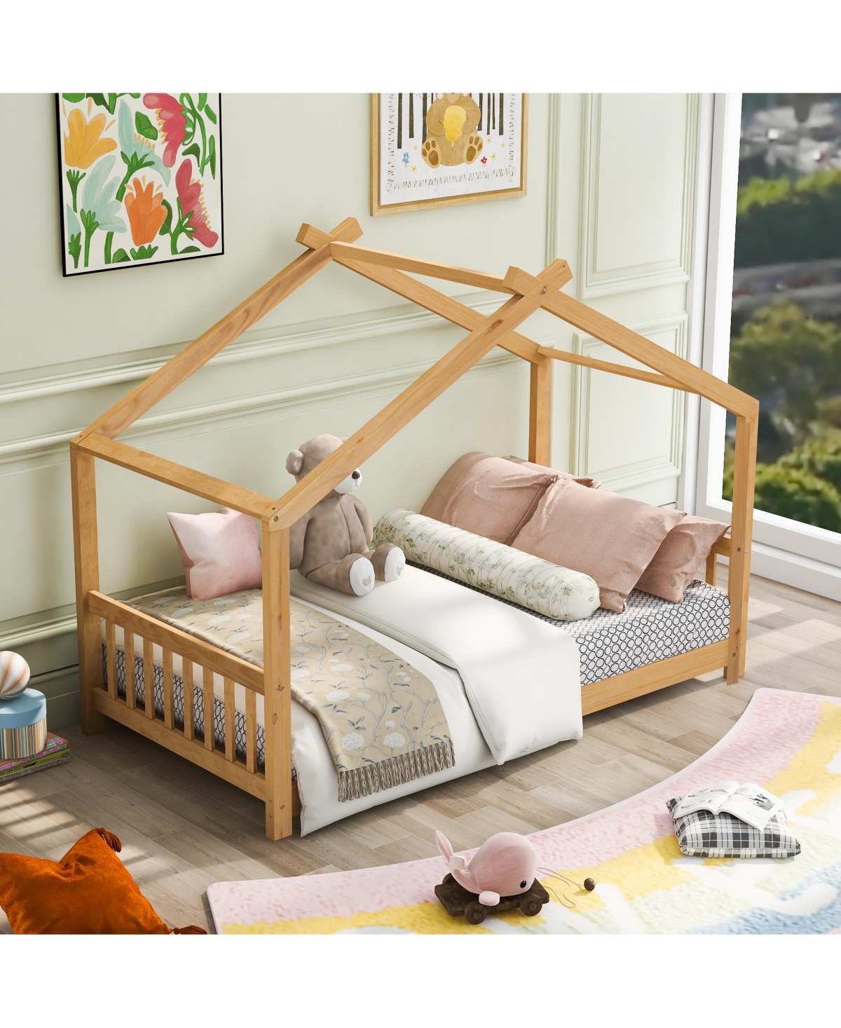 Click here for flynama Twin Size Natural Wood House Platform Bed... prices