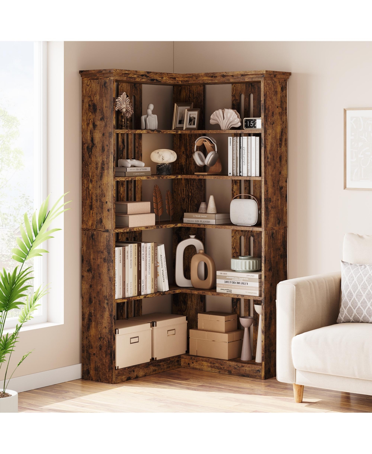 Click here for homfan Tall L-Shaped Corner Bookshelf  Farmhouse D... prices