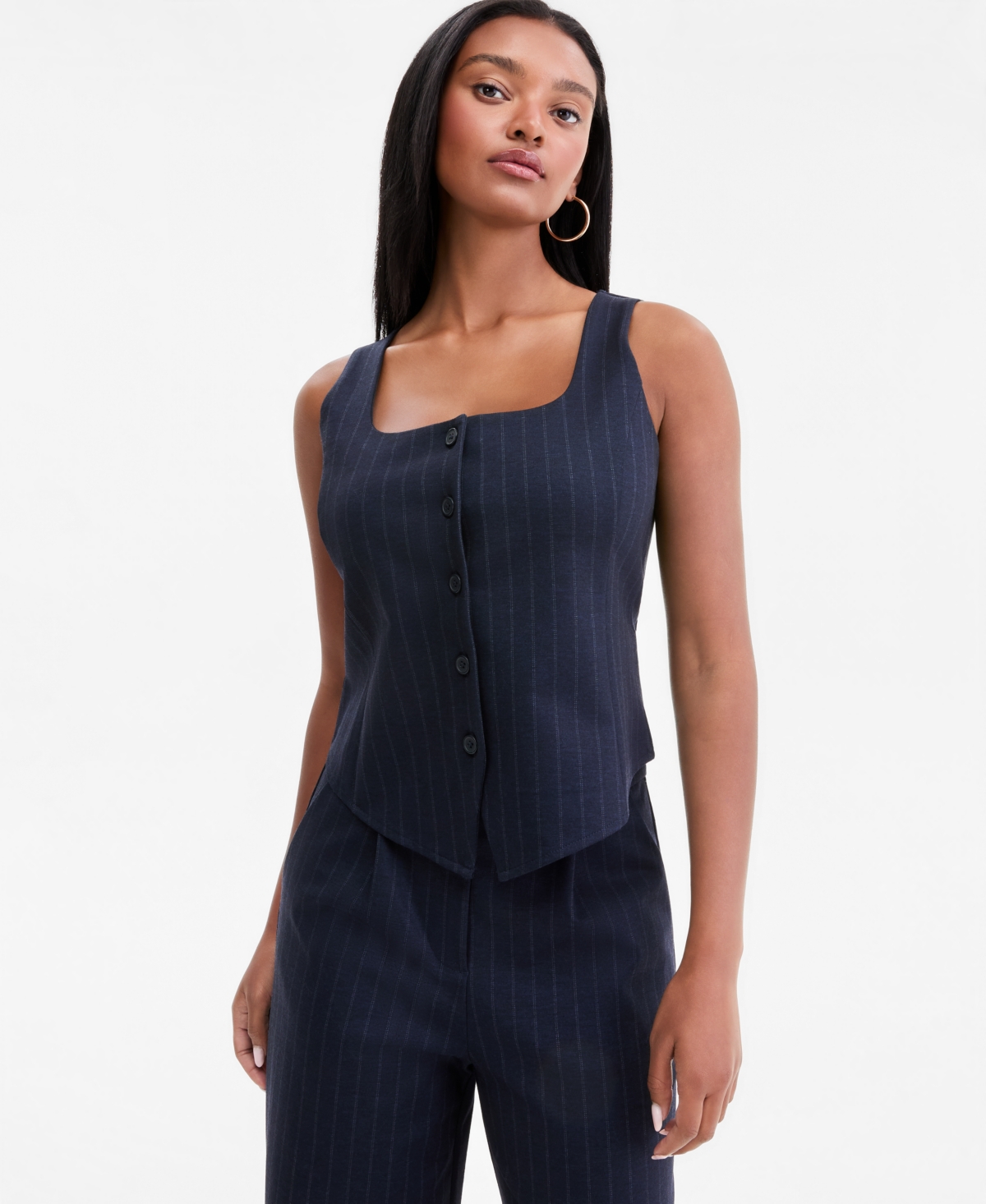 Click here for Bar Iii Womens Pinstripe Scoop-Neck Button-Front V... prices