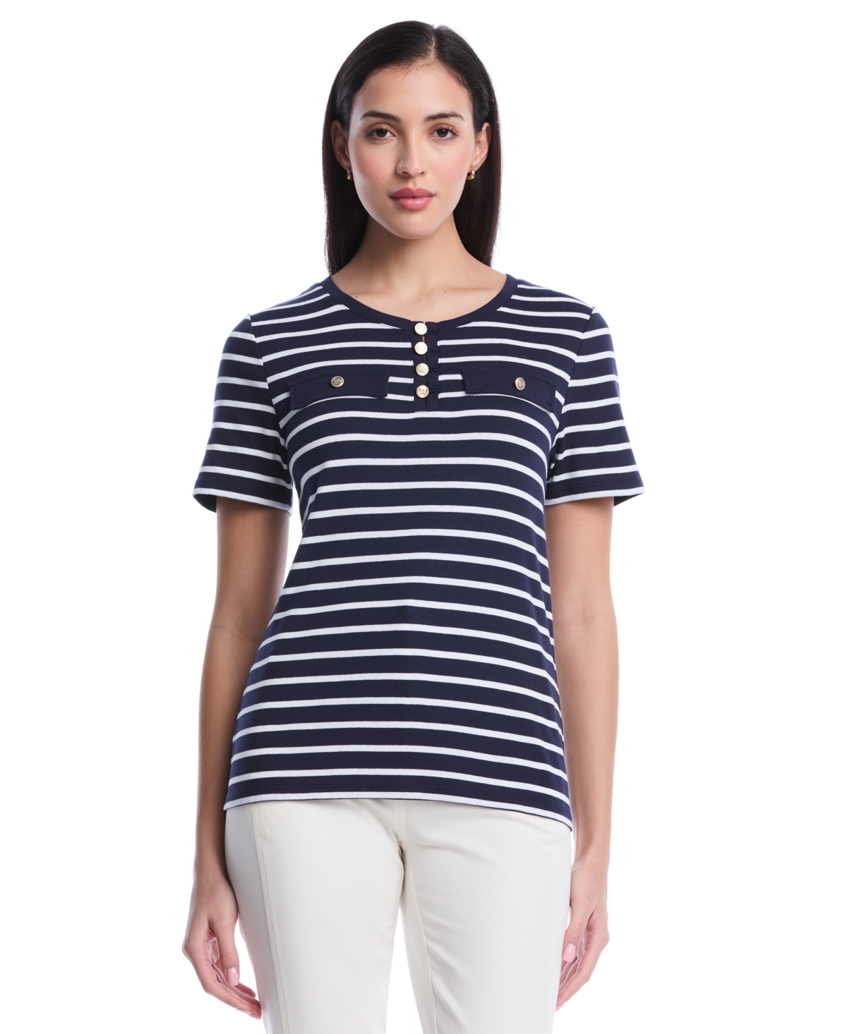 Click here for Rafaella Petite Striped Welt Pocket Short-Sleeve T... prices