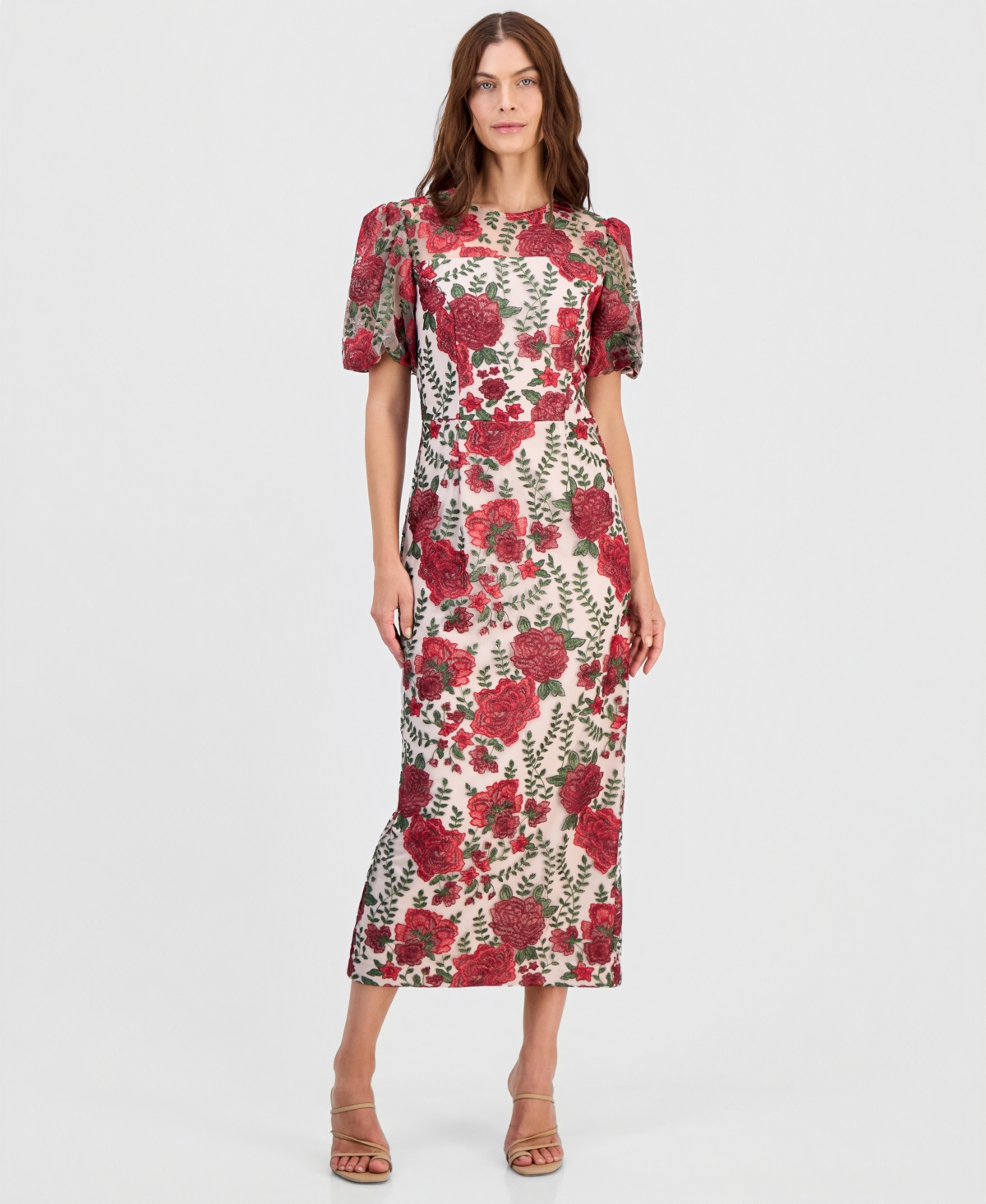 Click here for Adrianna Papell Womens Embroidered Puff Sleeve Dre... prices