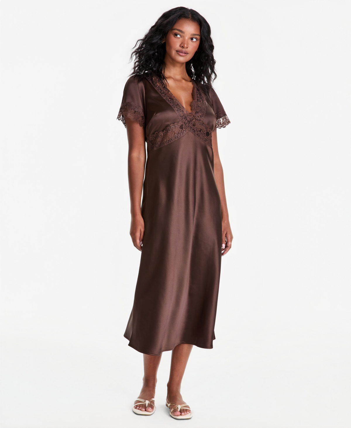 Click here for And Now This Petite V-Neck Lace-Trim Midi Satin Sl... prices
