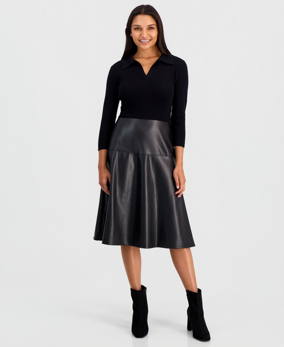 Click here for T Tahari Womens Faux-Leather-Skirt Split-Collar 3/... prices