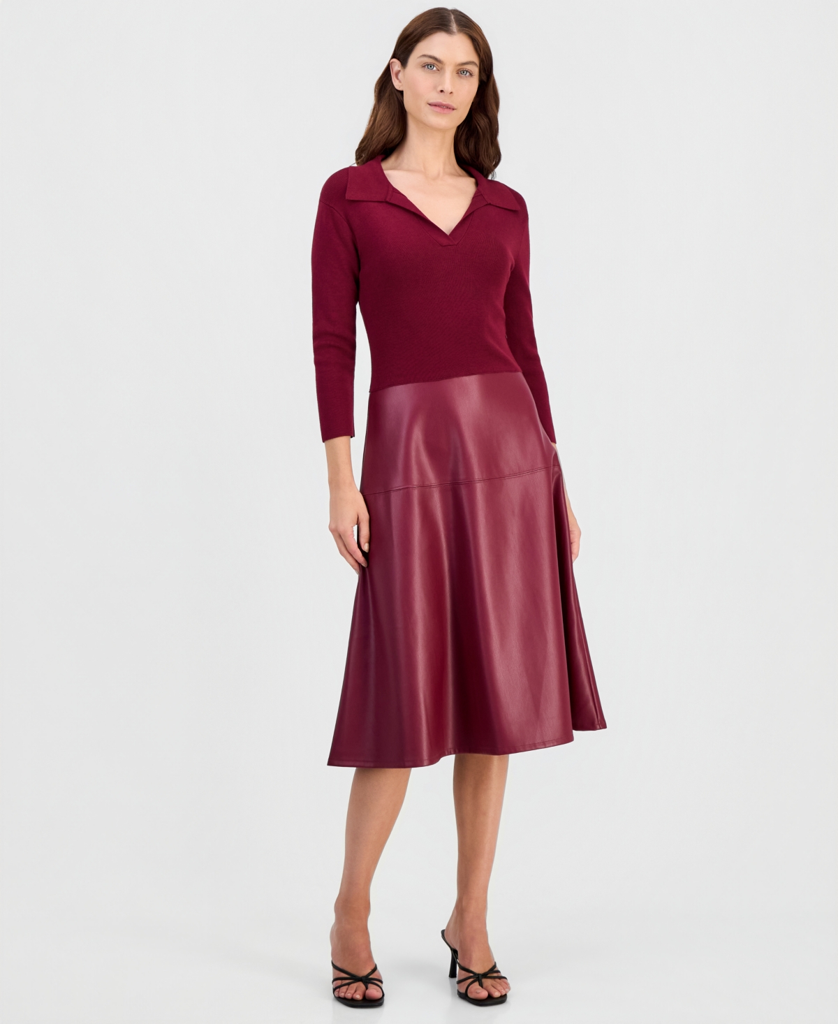 Click here for T Tahari Womens Faux-Leather-Skirt Split-Collar 3/... prices