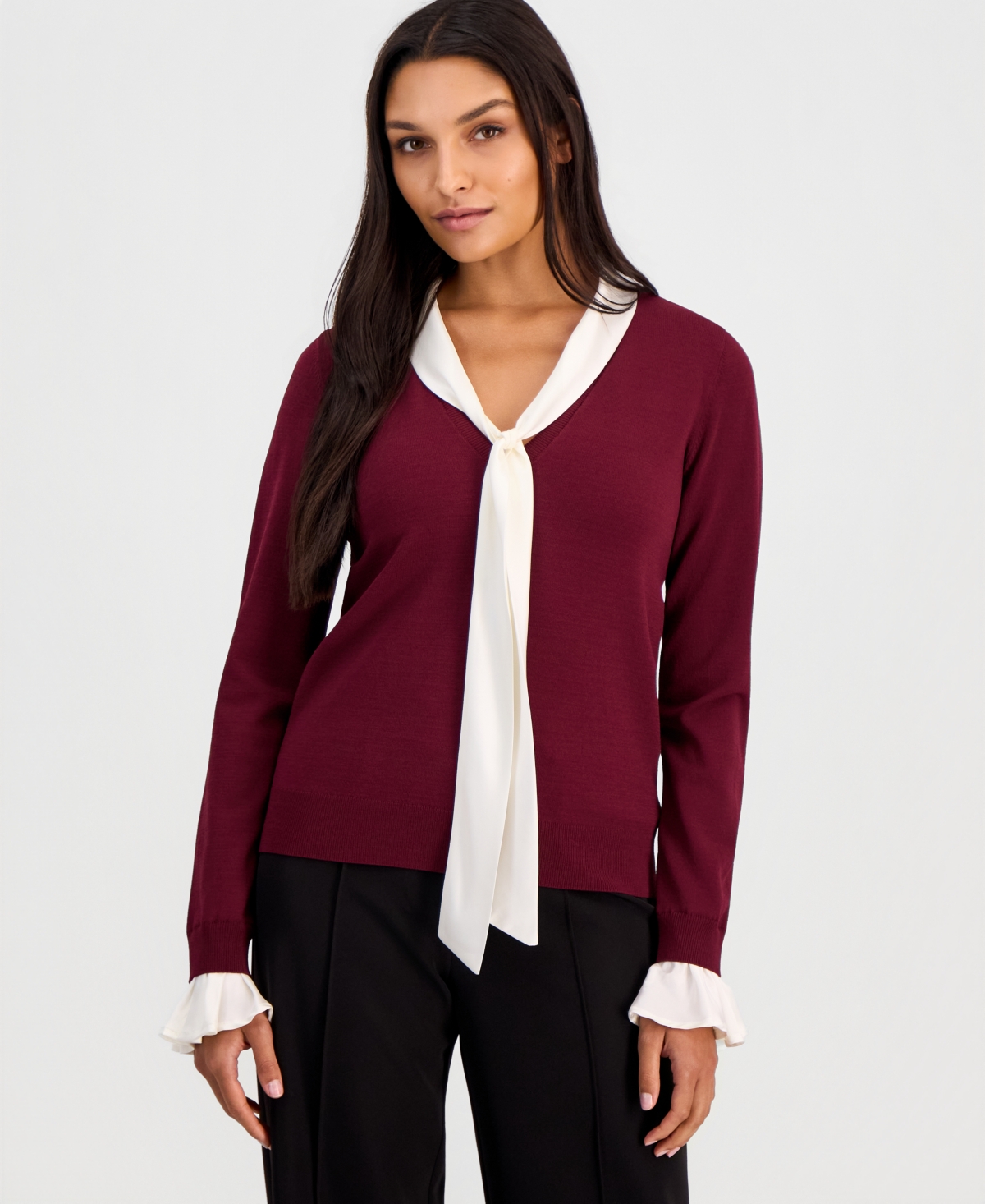Click here for T Tahari Womens Scarf-Neck Contrast-Trim Sweater -... prices