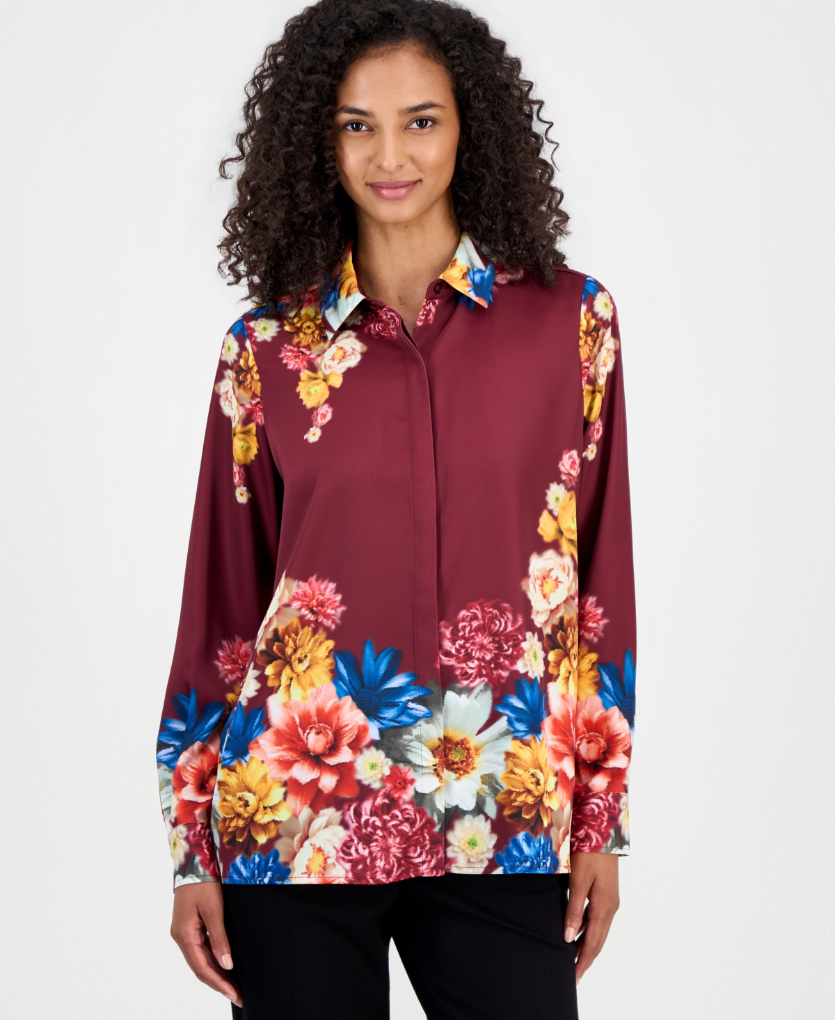 Click here for T Tahari Womens Floral Button-Front Tunic Blouse -... prices