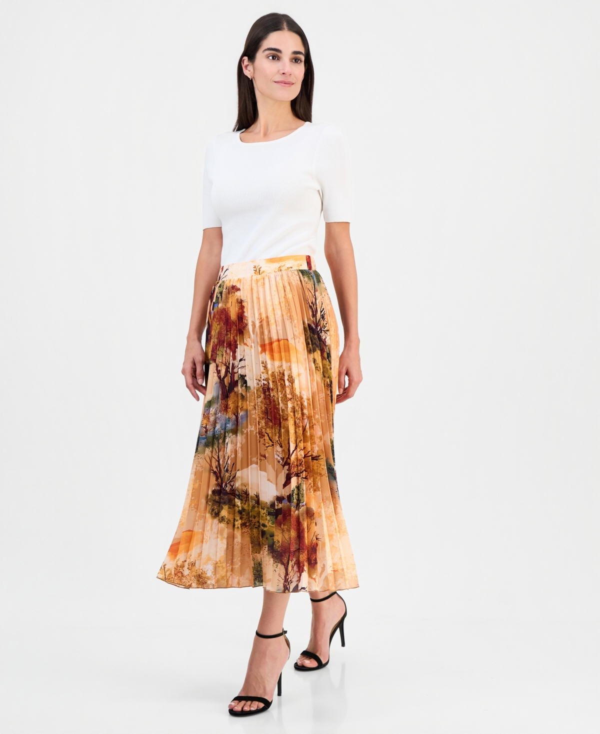 Click here for T Tahari Womens Printed Pull-On Pleated Skirt - Ri... prices