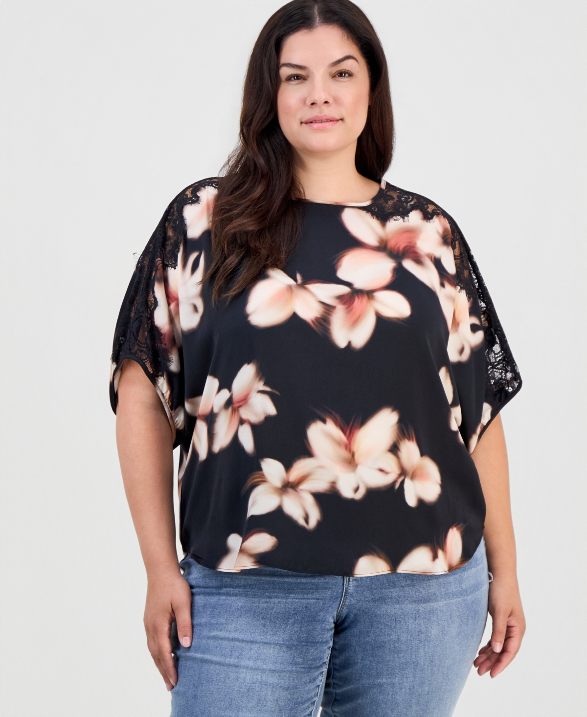 Click here for Democracy Plus Size Inset Lace Dolman Floral Blous... prices