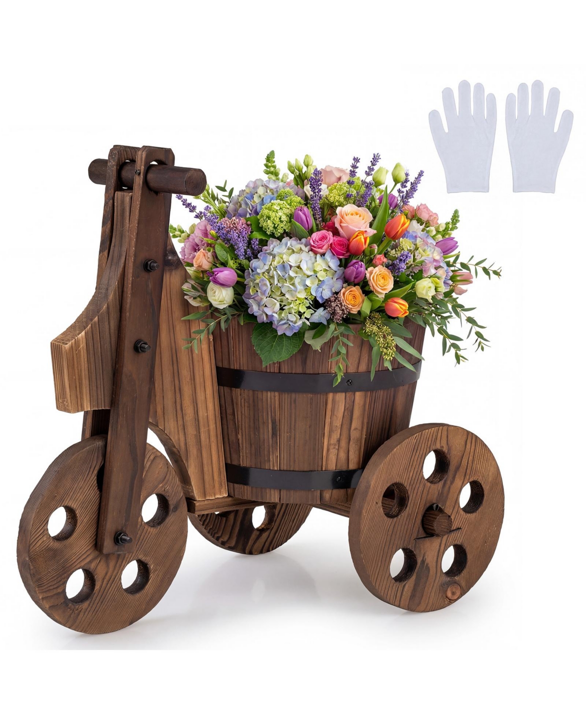 Click here for Costway Rustic Wood Tricycle Planter with Barrel P... prices
