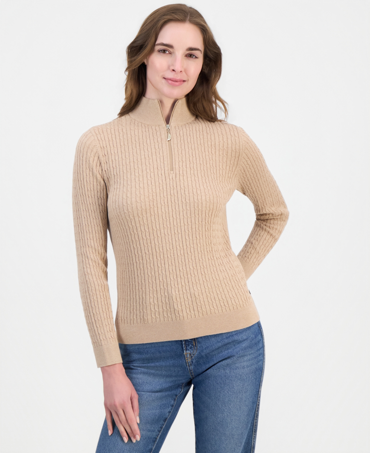Click here for Nautica Womens Cable-Knit Half-Zip Sweater - Brown prices
