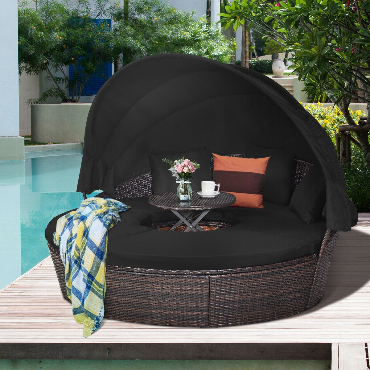 Click here for Sugift Patio Round Rattan Daybed with Retractable... prices