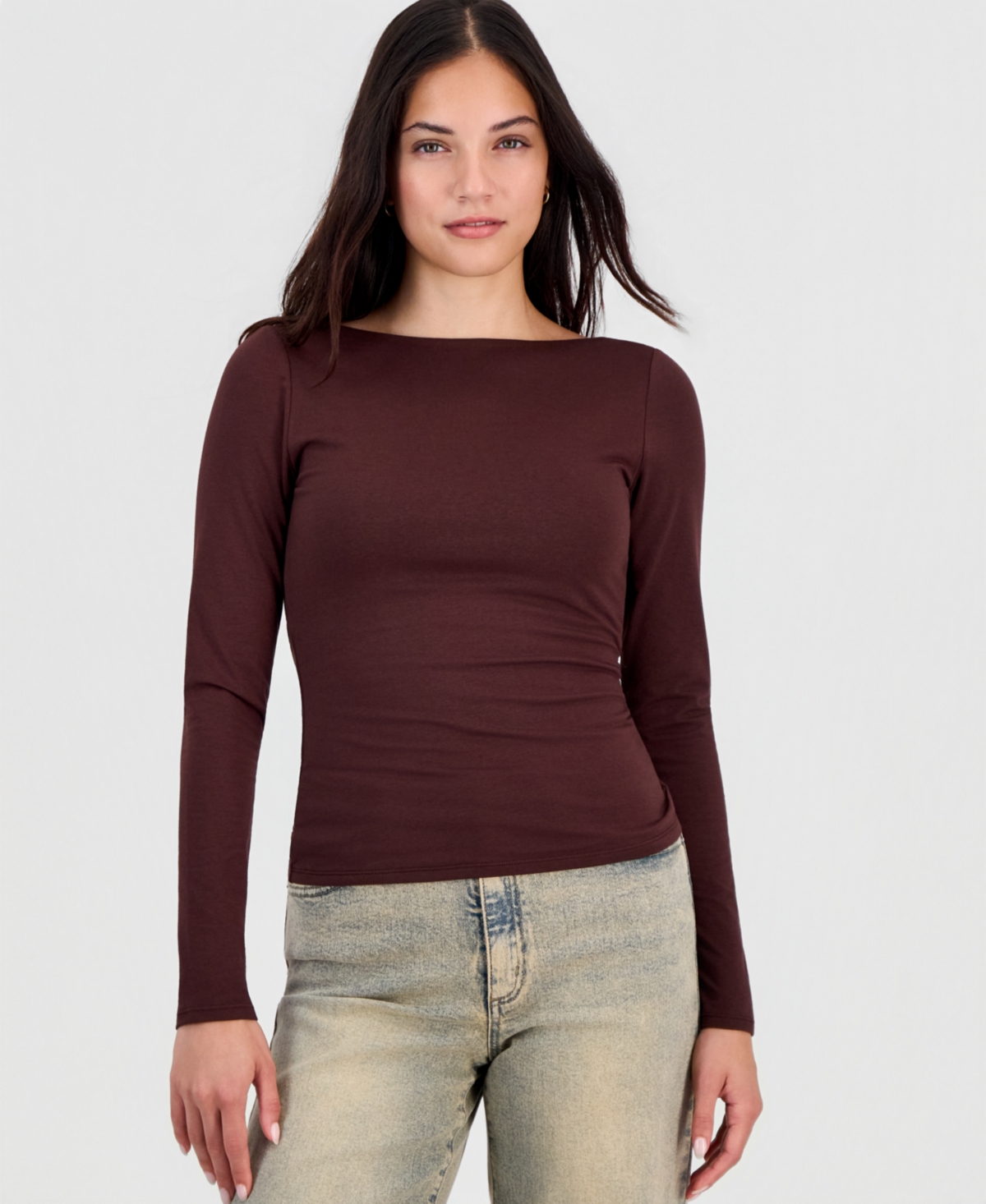 Click here for Bar Iii Womens Long-Sleeve Draped-Back Top  Macys... prices