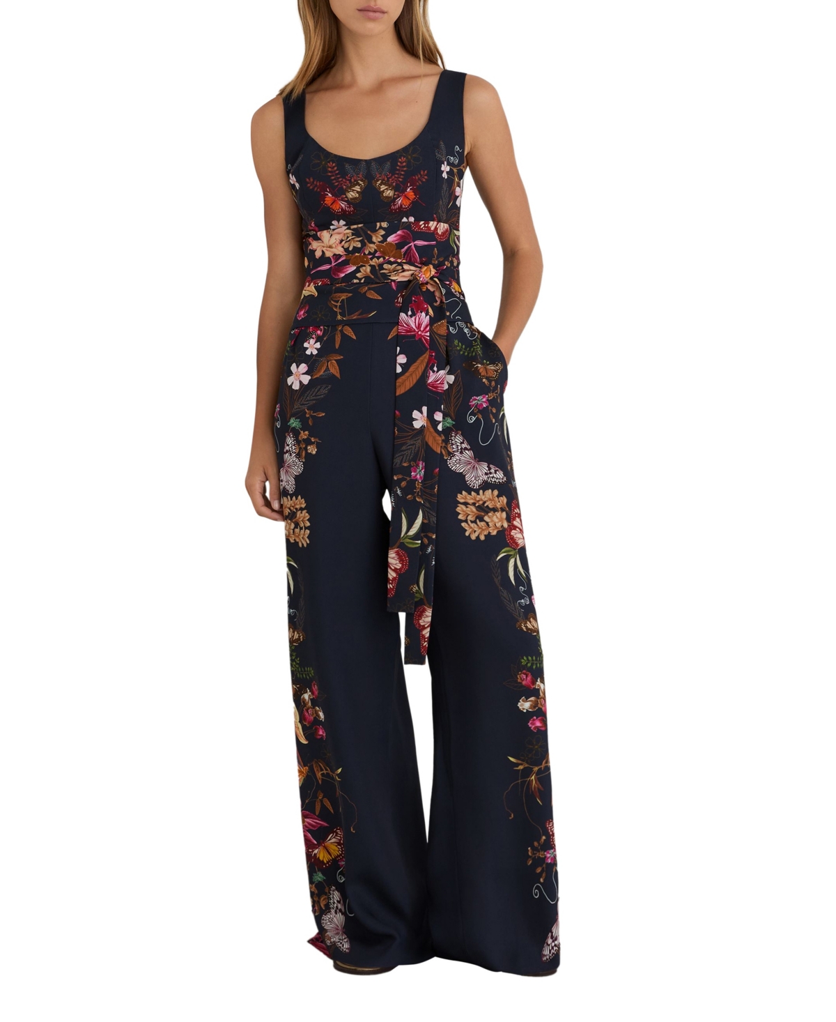 Click here for Reiss Womens Clara Printed Occasion Jumpsuit - Nav... prices