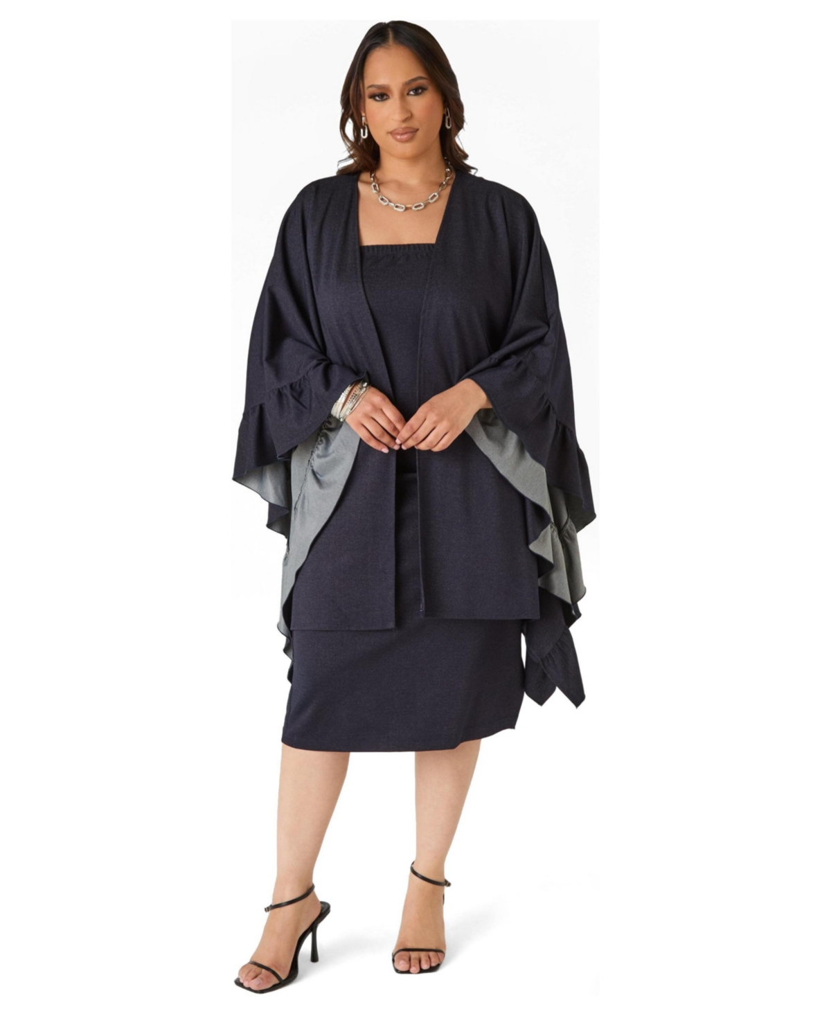 Click here for Ashley Stewart Womens Ruffle Trimmed Denim Duster prices