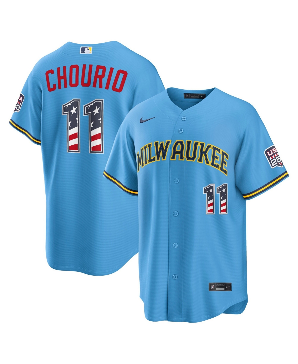 Click here for Nike Mens Jackson Chourio Light Blue Milwaukee Bre... prices