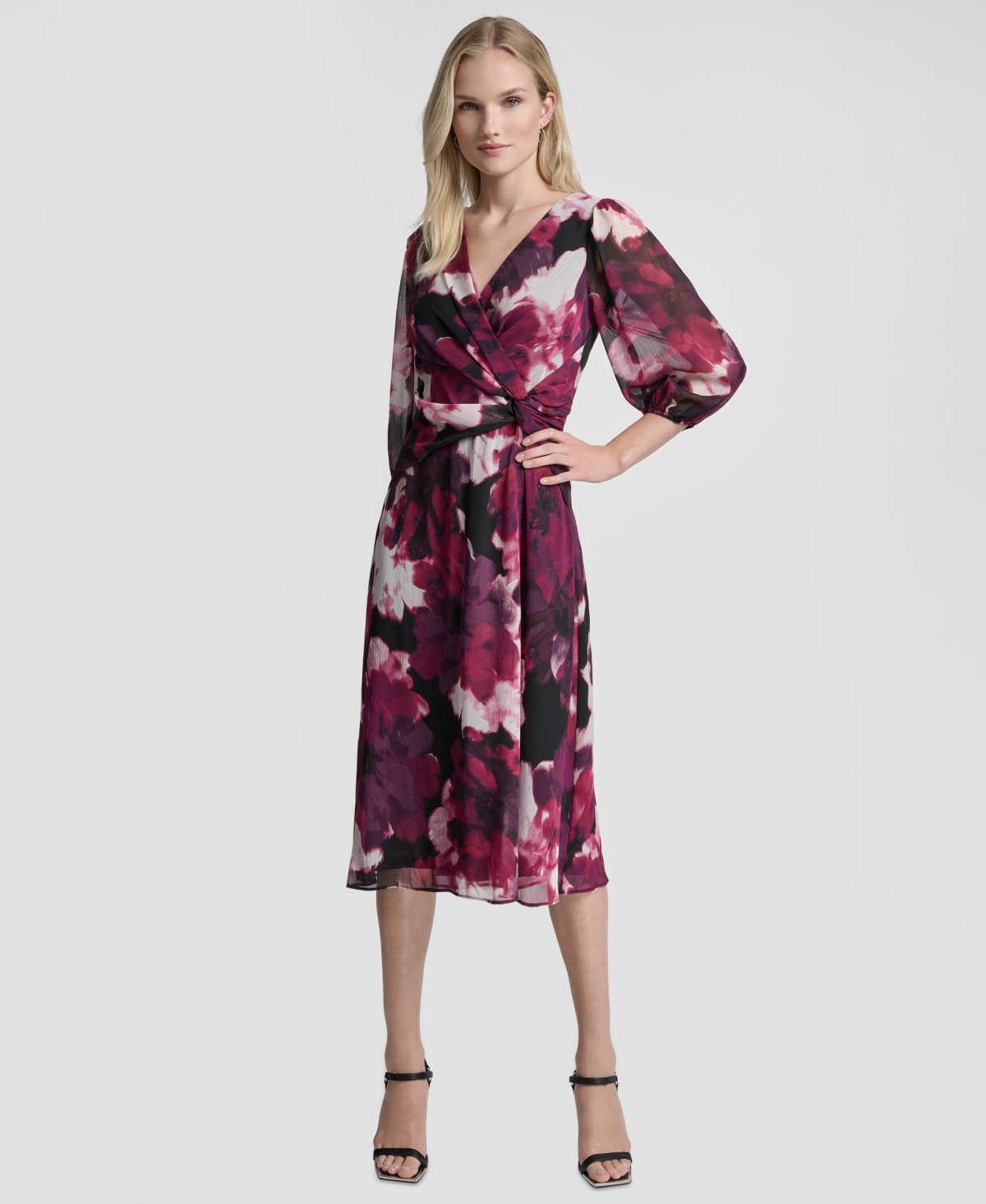 Click here for Dkny Womens Printed V-Neck Midi Dress - Damson Mul... prices