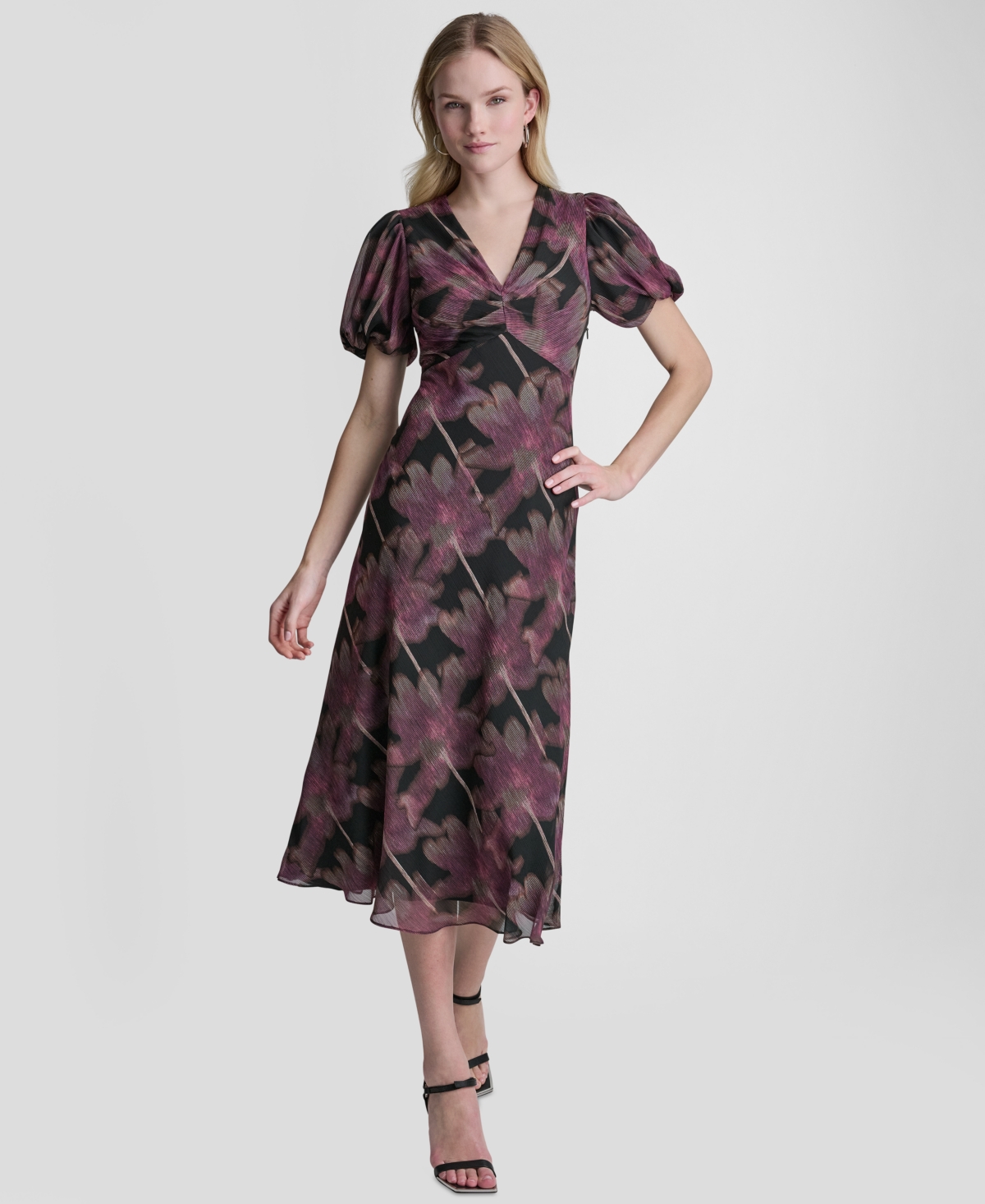 Click here for Dkny Womens Printed V-Neck Midi Dress - Plum Multi prices