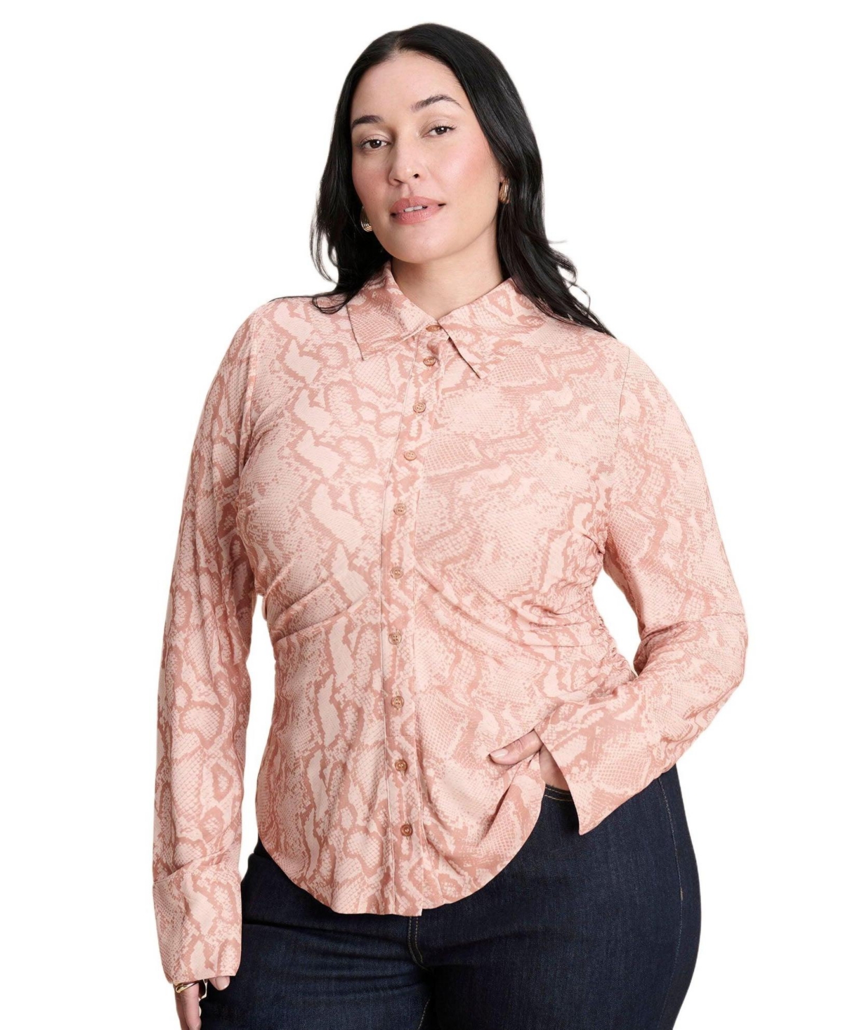 Click here for Eloquii Plus Size Printed Button Up Top - Snakeski... prices